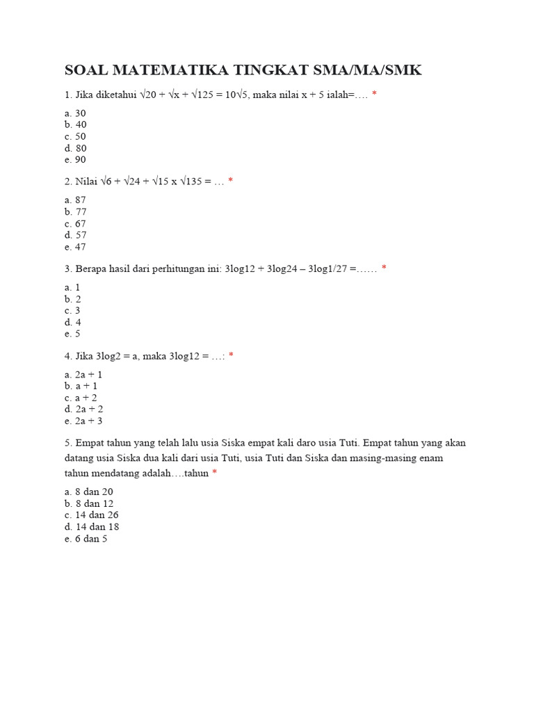 Soal Matematika Tingkat Sma | PDF | Metode & Bahan Ajar | Griya & Taman