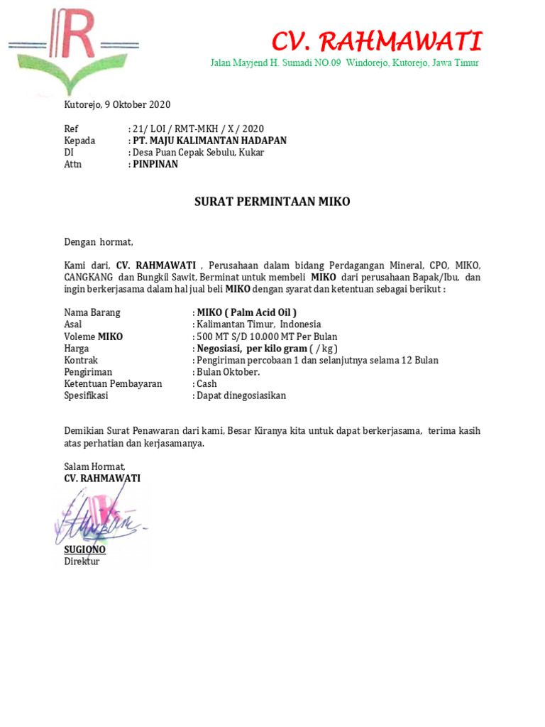 Surat Permintaan Miko MKH 9-10-20 | PDF