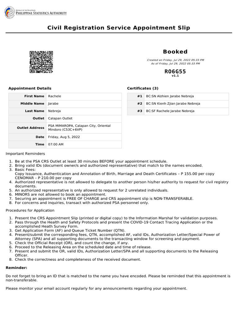 Civil Registration Service Appointment Slip | PDF