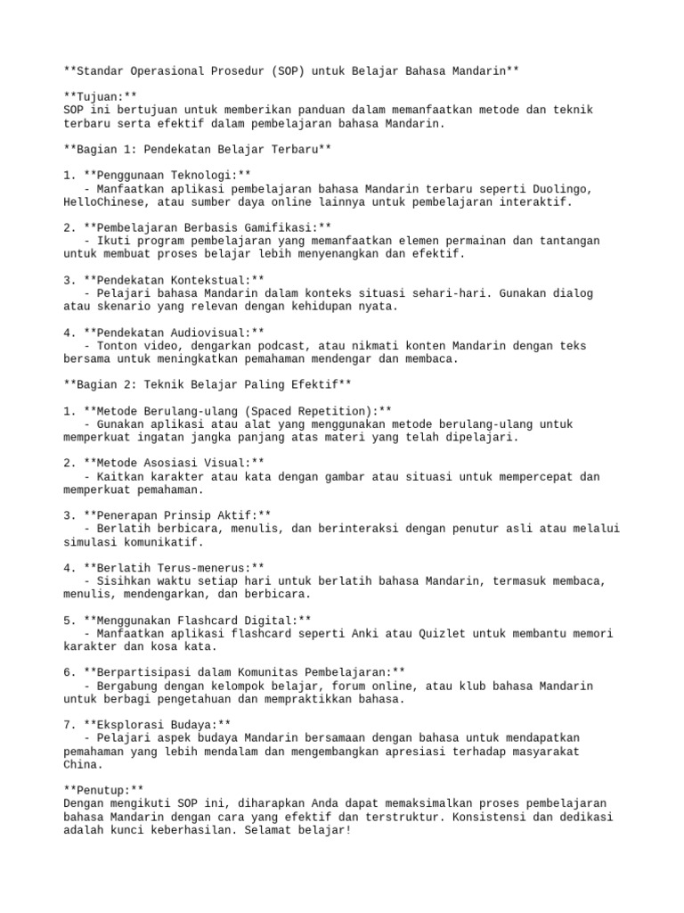 SOP Belajar Mandarin Efektif | PDF