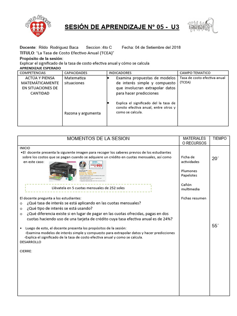 Sesion De Aprendizaje N 05 Tcea Pdf Aprendizaje
