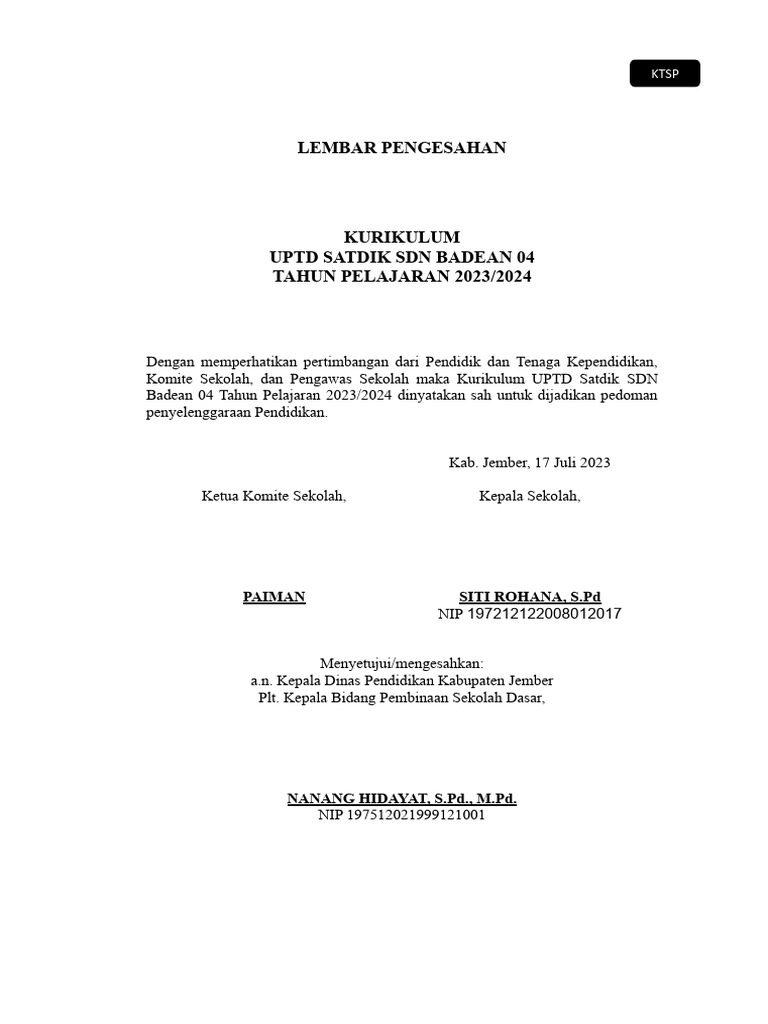 2023-2024 Lembar Pengesahan KTSP Dan KOSP | PDF