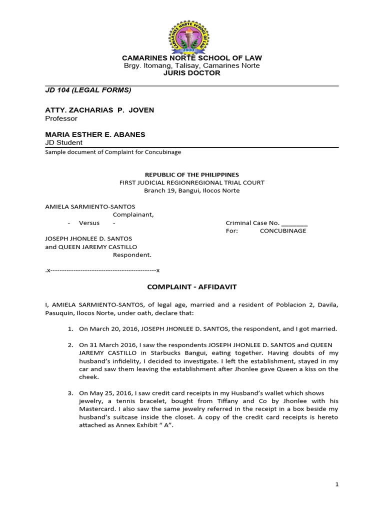 SAMPLE LEGAL FORM - Complaint For Concubinage | PDF | Criminal Law | Crimes