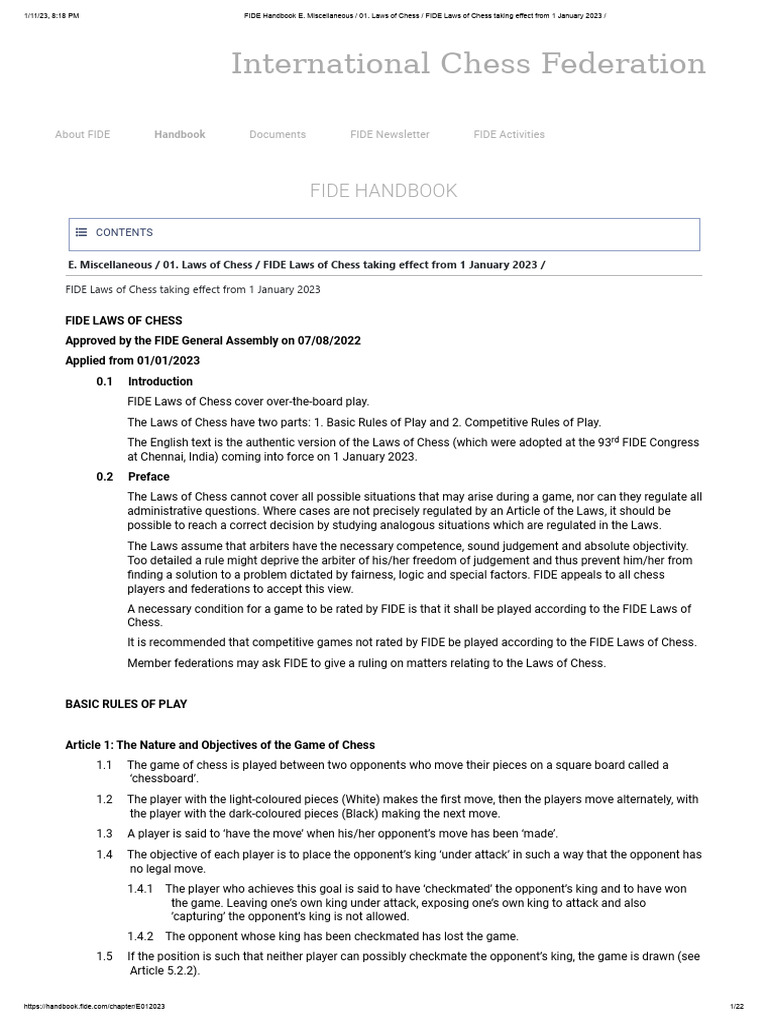 FIDE Laws of Chess From 1 January 2023 | PDF | Chess | Abstract Strategy Games