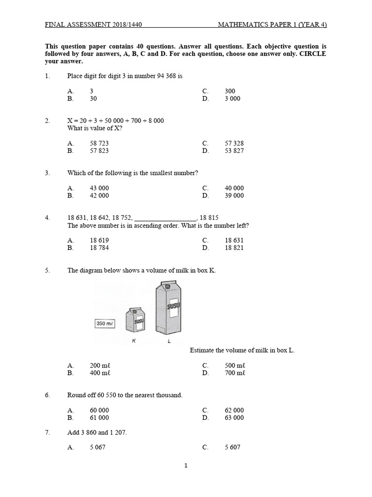 Final Math Year 4 p1 2018 | PDF | Triangle | Numbers