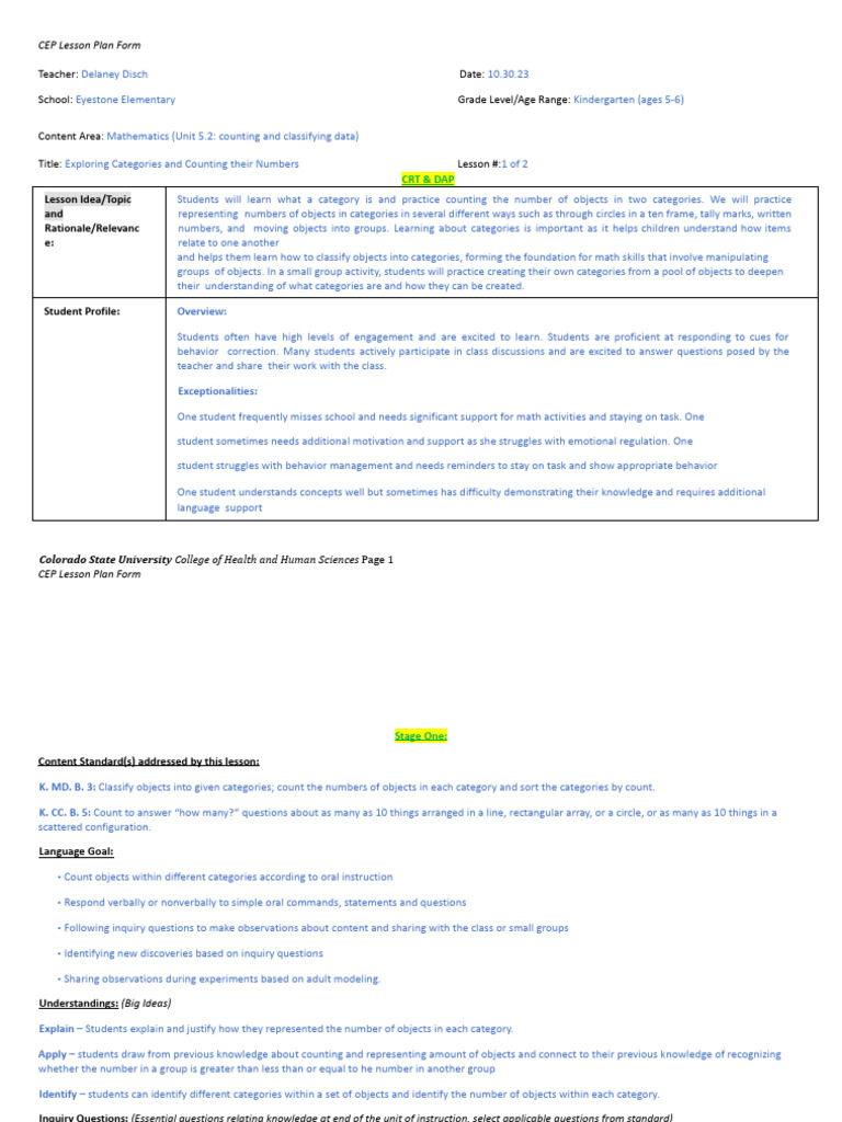 Cep Lesson Plan 1 - Delaney Disch 10 | PDF | Lesson Plan | Learning