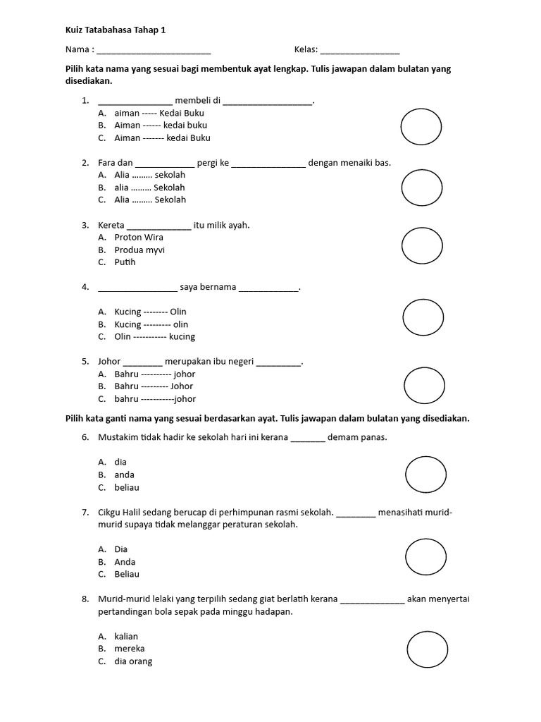 Kuiz Tatabahasa Bahasa Melayu Tahap 1 | PDF