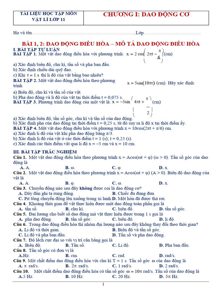 CHƯƠNG I - DAO ĐỘNG ĐIỀU HÒA 2023 bản chính 1 | PDF