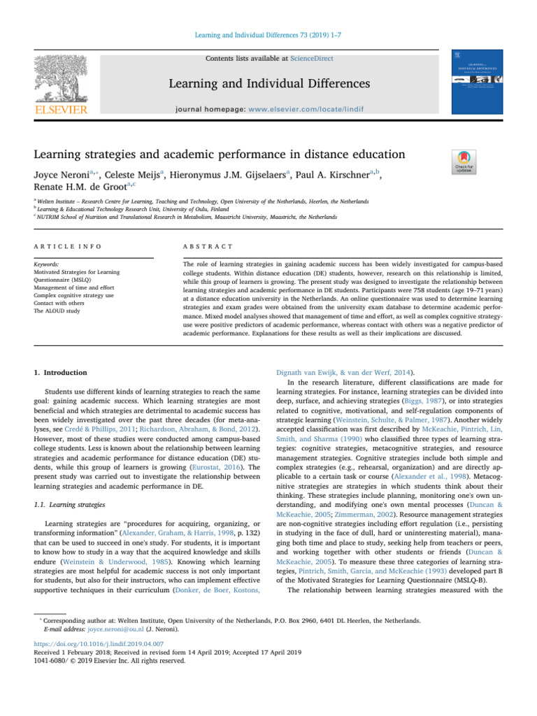 Neroni 2019 Learning Strategies and Academic Performance in Distance ...