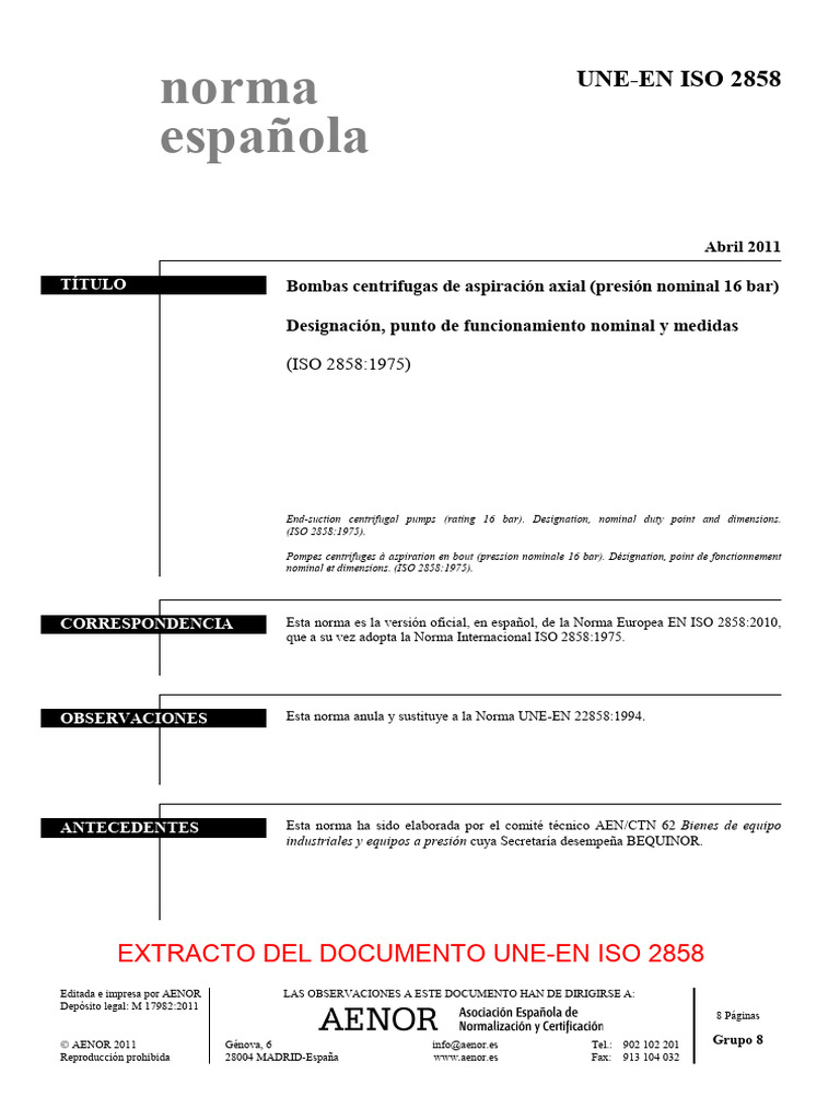 Bombas Centrífugas ISO 2858: Especificaciones | PDF | Ingeniería mecánica | Bienes manufacturados