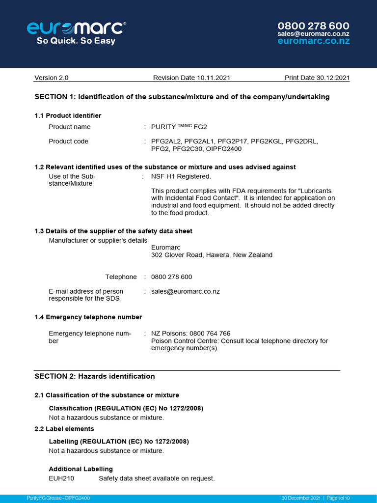 20220412-Euromarc-MSDS-Purity-FG Grease | PDF | Toxicity | Dangerous Goods