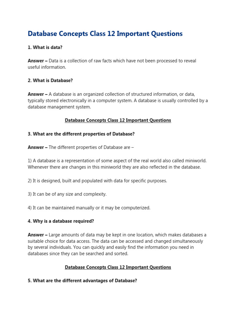 Database Concepts Class 12 Important Questions | PDF | Databases ... Database Concepts Class 12 Important Questions | PDF | Databases ...