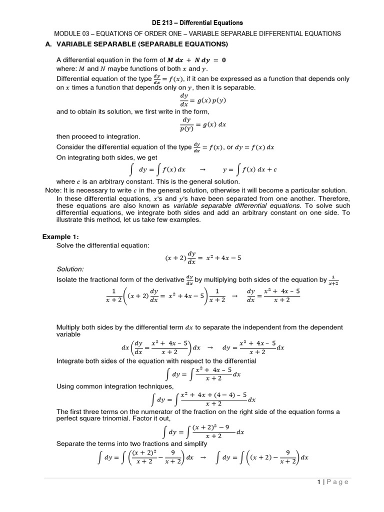 Module 03 Equations Of Order One Variable Separable Differential 7090