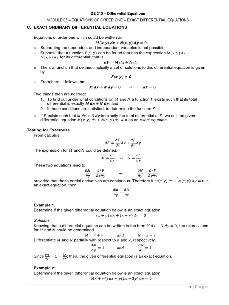 MODULE 05 - Equations of Order One - Exact Differential Equations | PDF ...
