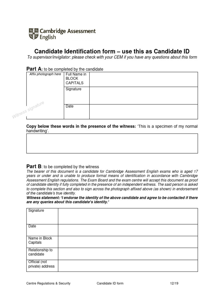 Candidate ID Form (For Candidates Aged 17 or Younger) 2020 | Download ...