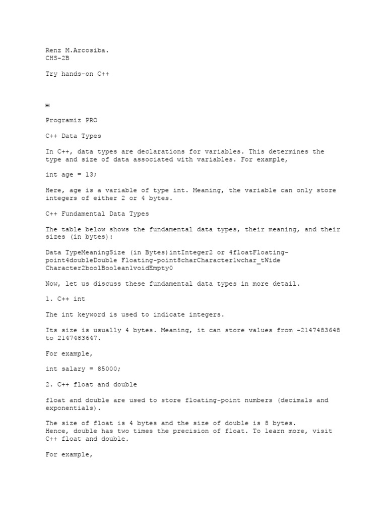 Renz M.Arcosiba | PDF | Integer (Computer Science) | Boolean Data Type