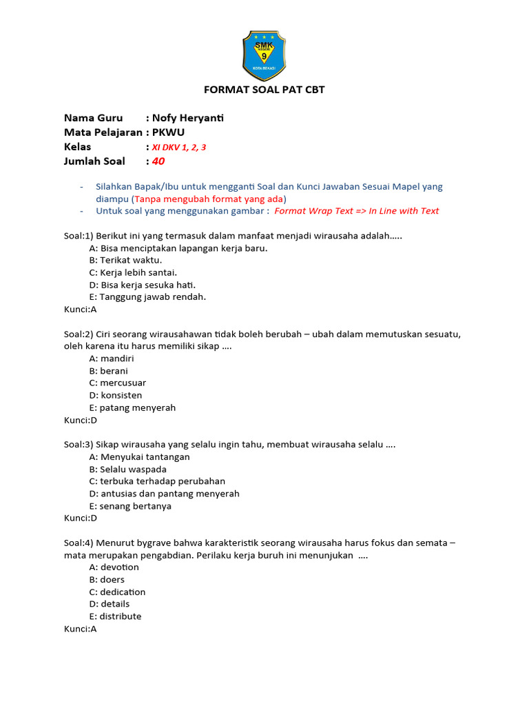 Format Soal Pat Pkkwu DKV 2022-2023 - Nofy | PDF