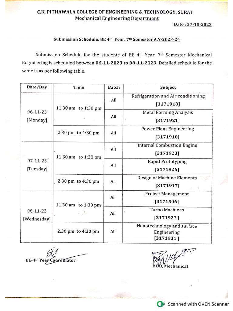 B.E-7th Sem Submission Schedule Odd Sem A.Y-2023-24 | PDF