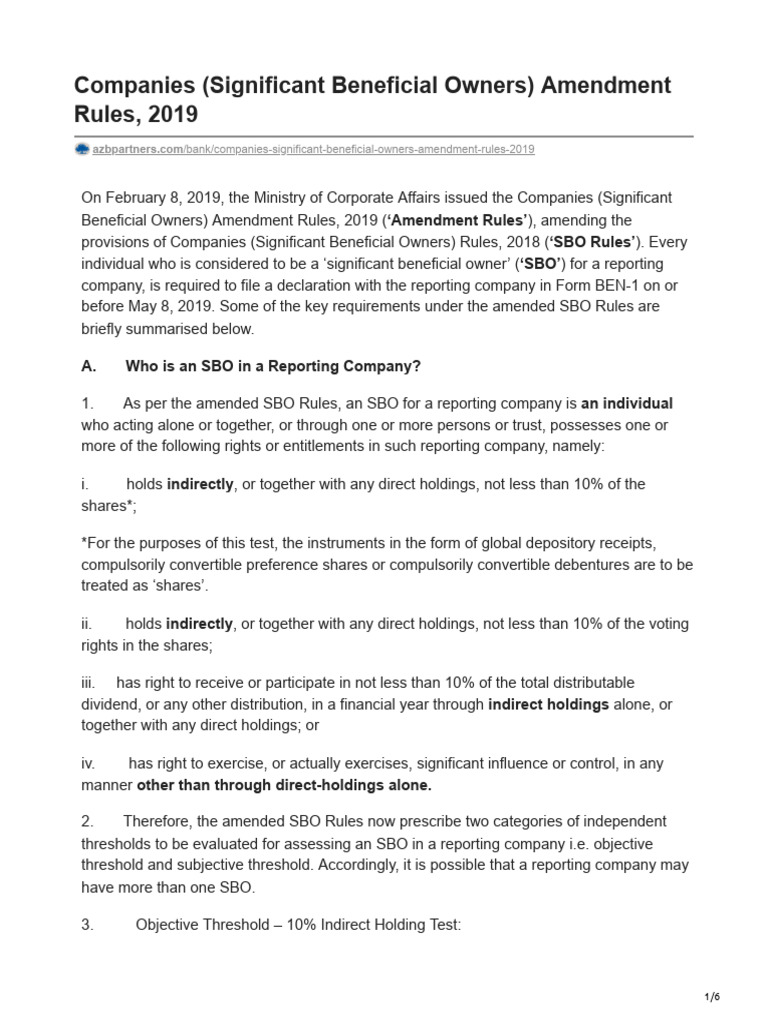 Companies Significant Beneficial Owners Amendment Rules 2019 | PDF ...