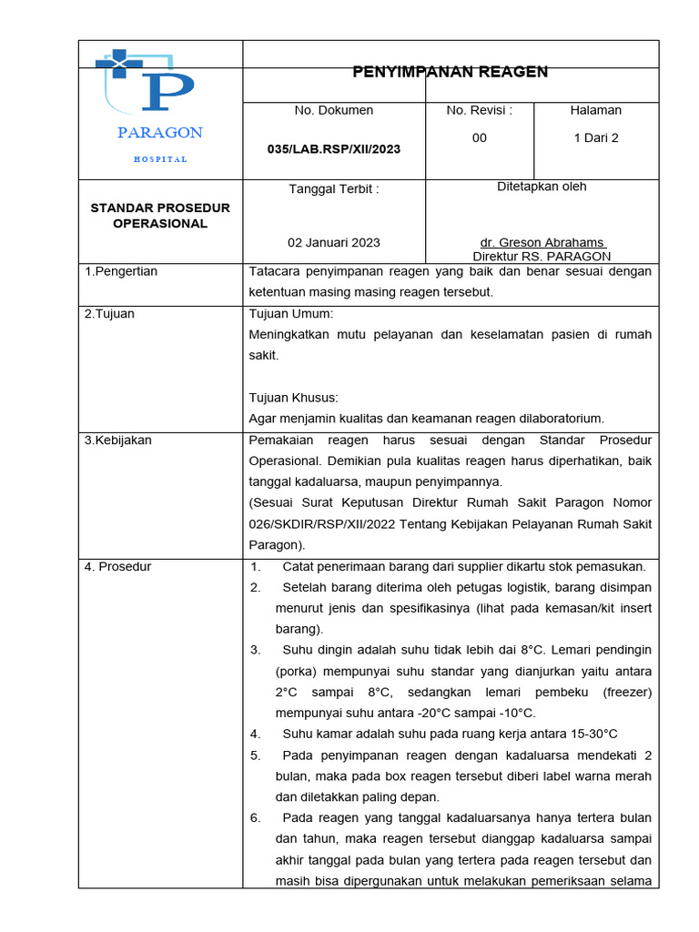 Sop Lab 28 Penyimpanan Reagen | PDF