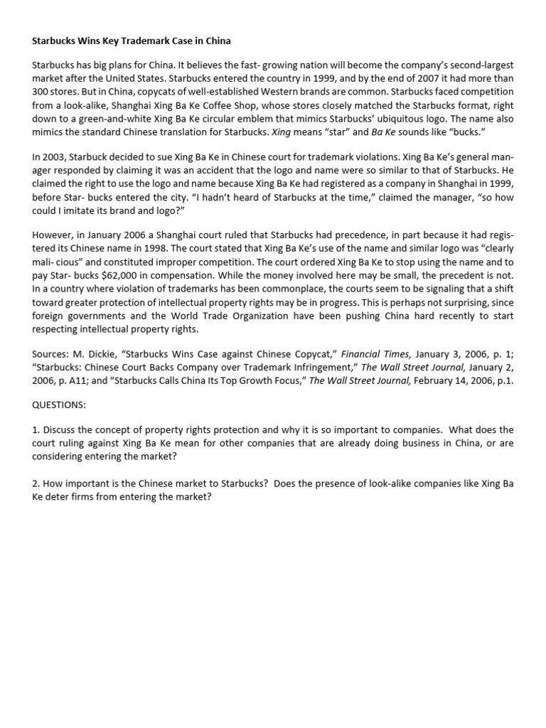 Starbucks Wins Key Trademark Case in China | PDF | Starbucks | China