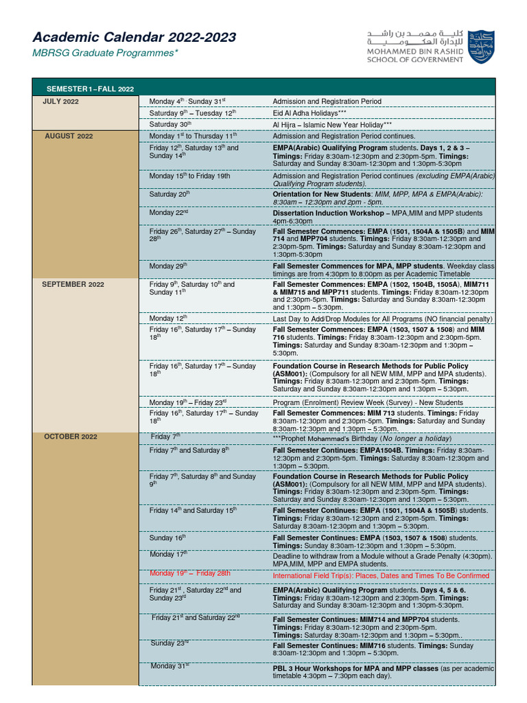 Academic Calendar 2022-2023: MBRSG Graduate Programmes | PDF | Academic ...