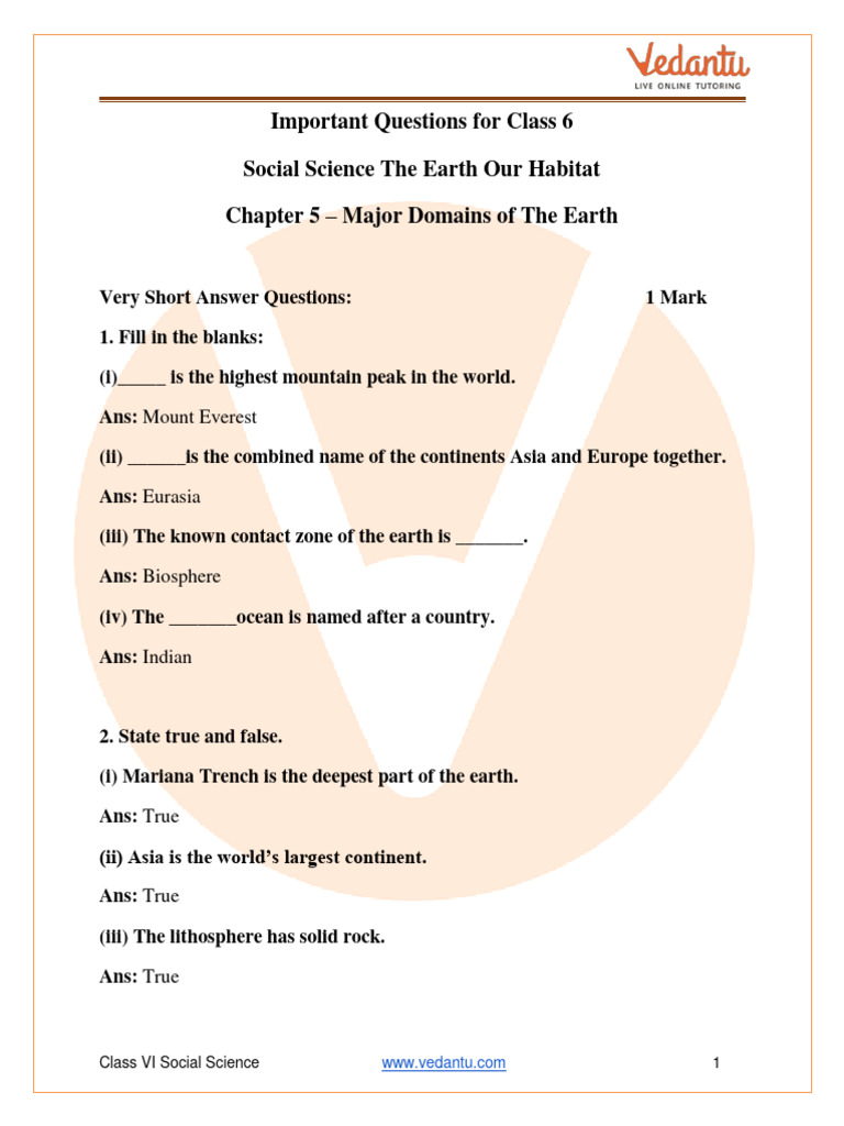 Important Questions For CBSE Class 6 Social Science The Earth Our ...