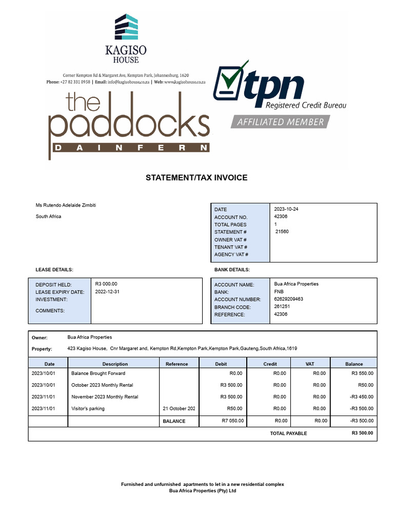 Tenant Statement (42306) For November 2023 | PDF | Property | Payments