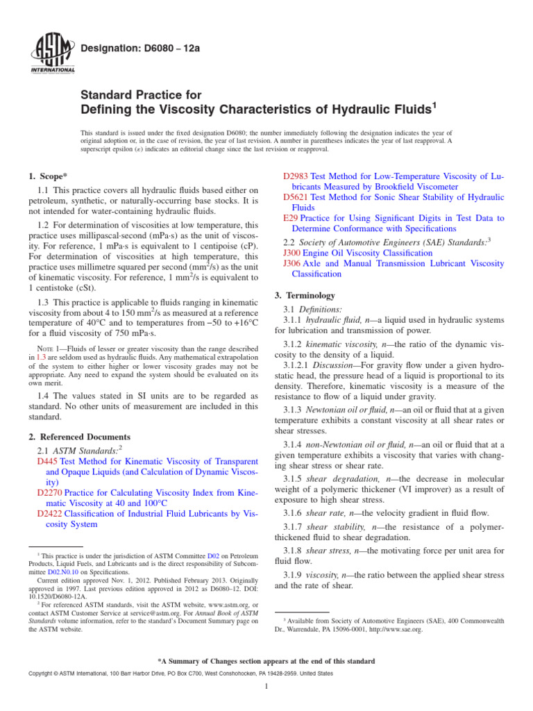 Defining The Viscosity Characteristics of Hydraulic Fluids: Standard Practice For | PDF ...
