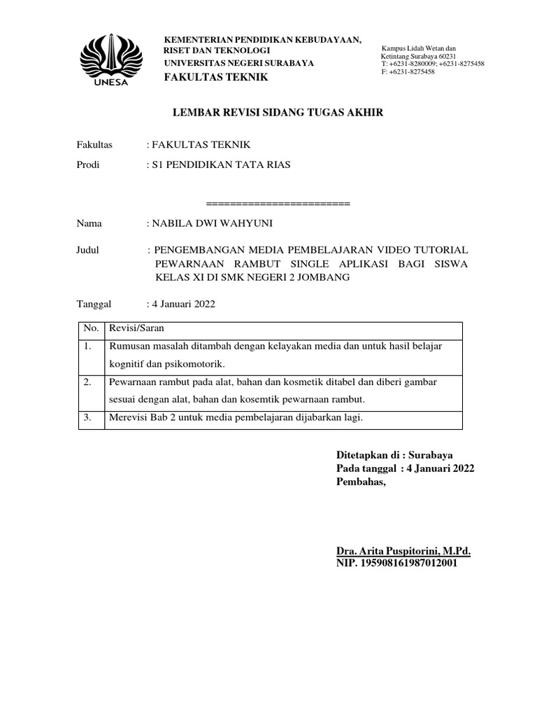Lembar Revisi Sempro - NBL | PDF