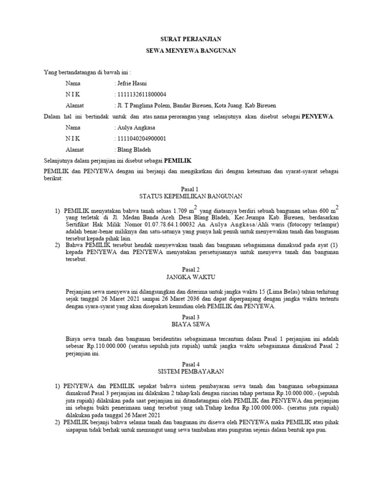 Surat Perjanjian Sewa Menyewa Bangunan | PDF