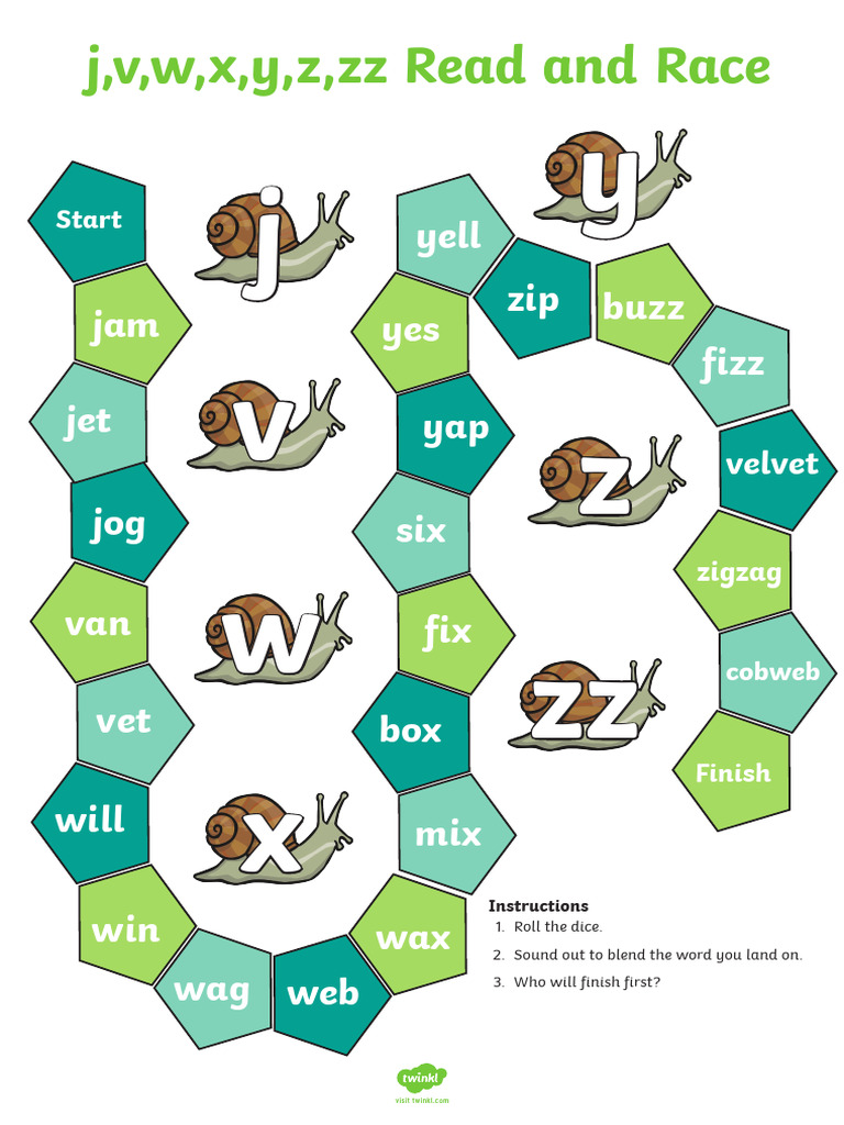 J, V, W, X, Y, Z, ZZ Read and Race Game | PDF
