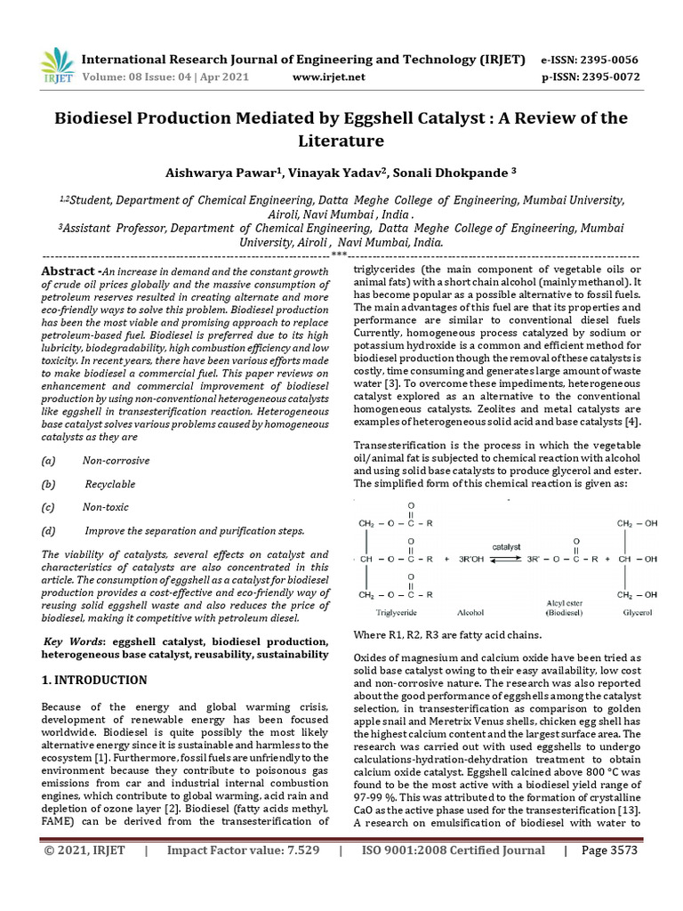 IRJET Biodiesel Production Mediated by E | Download Free PDF ... IRJET Biodiesel Production Mediated by E | Download Free PDF ...