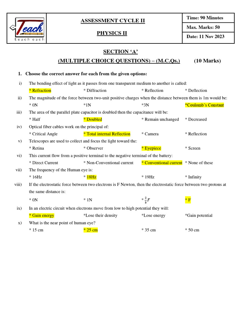 Physics X Cycle Ii Key | PDF | Capacitance | Series And Parallel Circuits