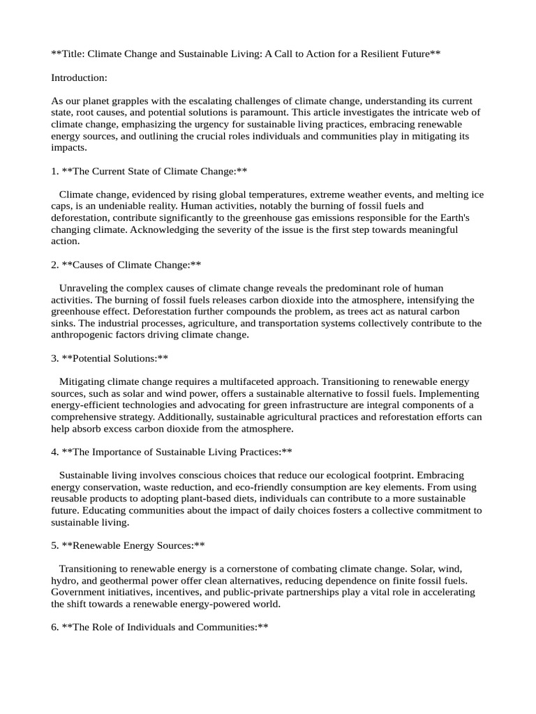 Title: Climate Change and Sustainable Living: A Call To Action For A ...