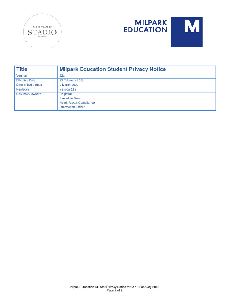 Milpark Education Student Privacy Notice | PDF | Privacy | Direct Marketing