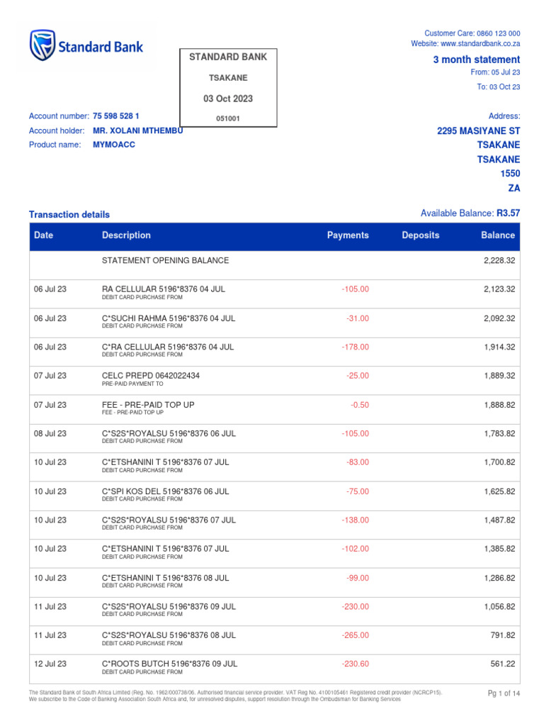 SBSA Statement 2023-10-03 | PDF | Prepaid Mobile Phone | Debit Card
