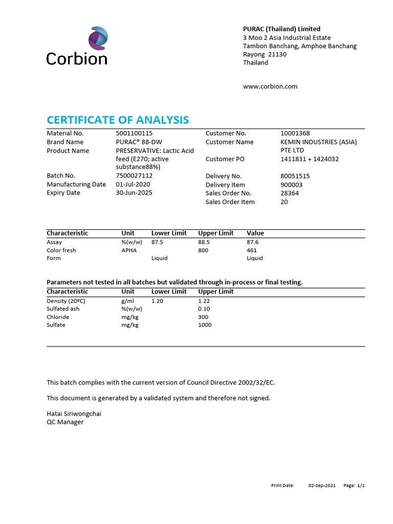 CoA Purac 88-DW | PDF