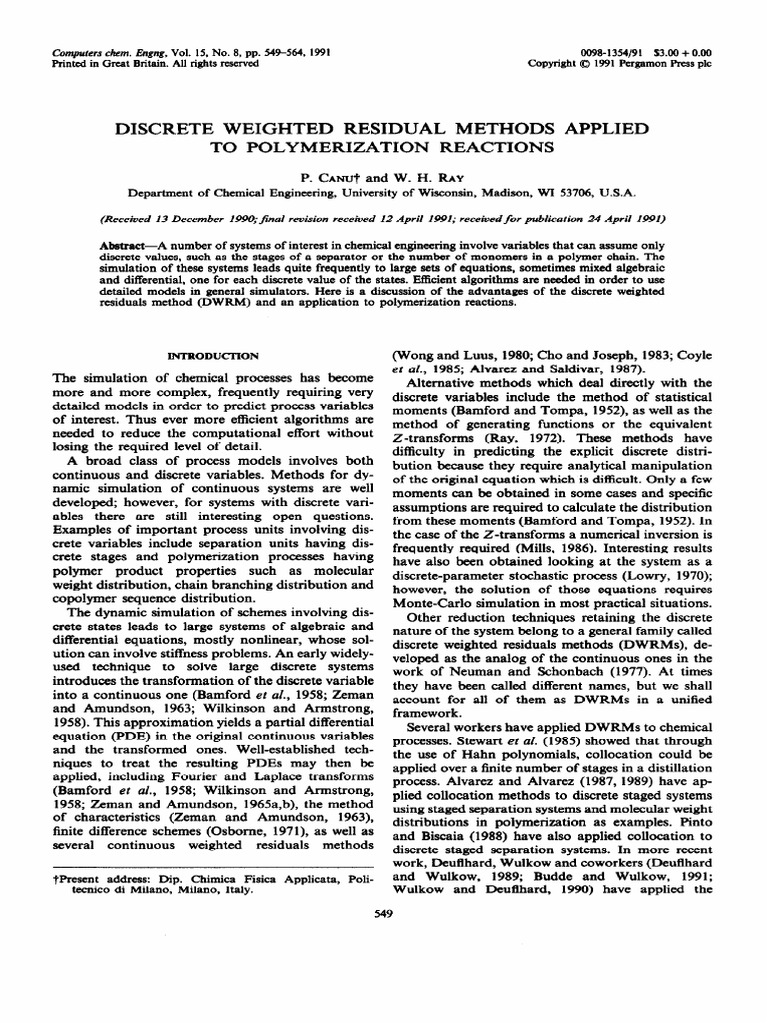 Discrete Weighted Residual Methods Applied To Polymerization Reactions1991 Pdf Partial