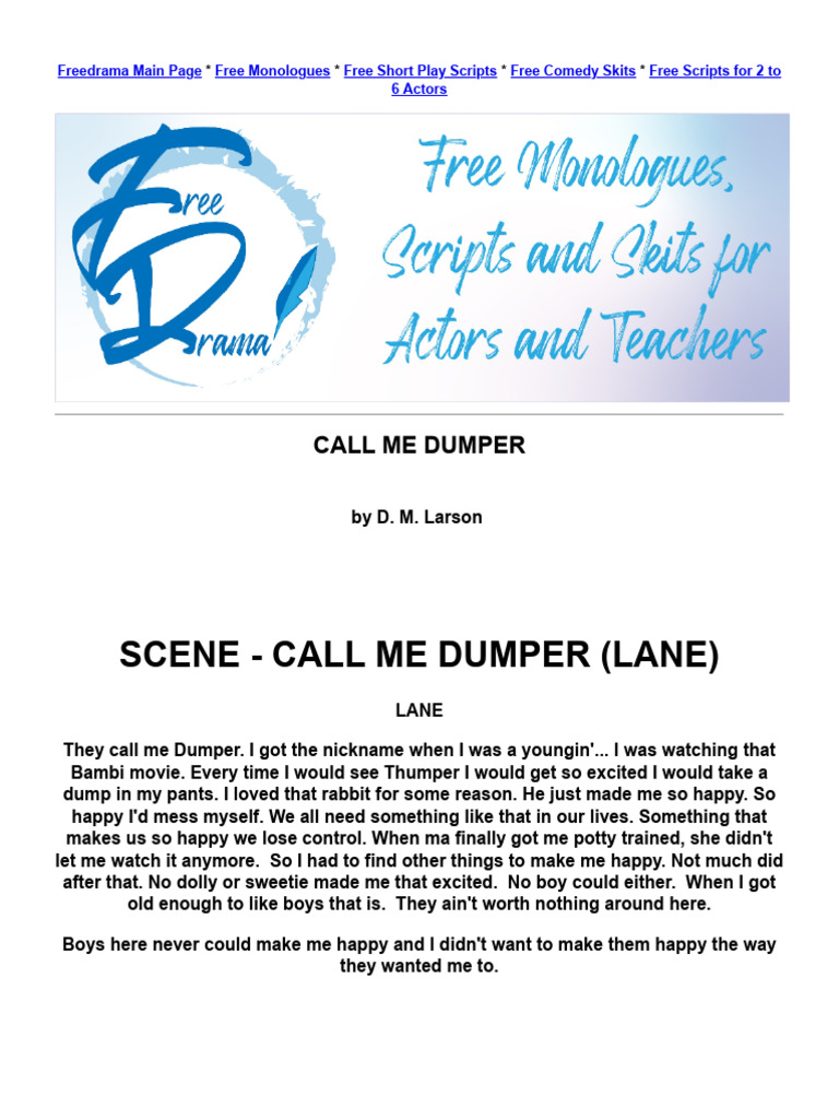Call Me Dumper A Free Stage Play Script of Monologues About Bullying ...