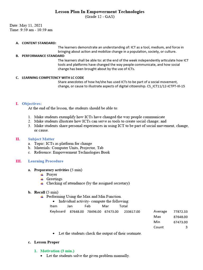 Semi-Detailed Lesson Plan in Empowerment Technologies (ICTs As Platform ...