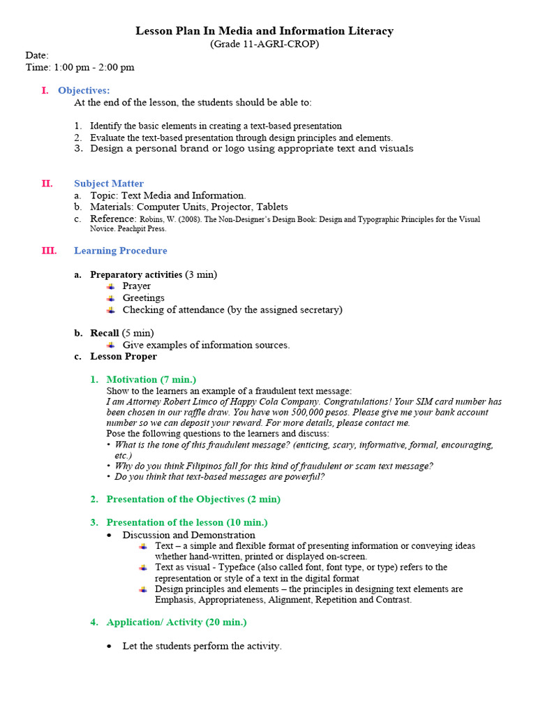 Semi-Detailed Lesson Plan in MIL (Text Media and Information) | PDF | Typefaces | Information