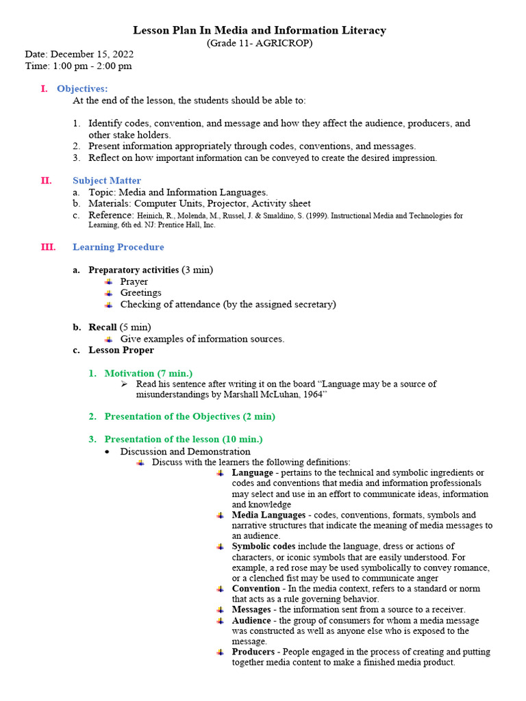 Semi-Detailed Lesson Plan in MIL (Media and Information Language) | PDF ...