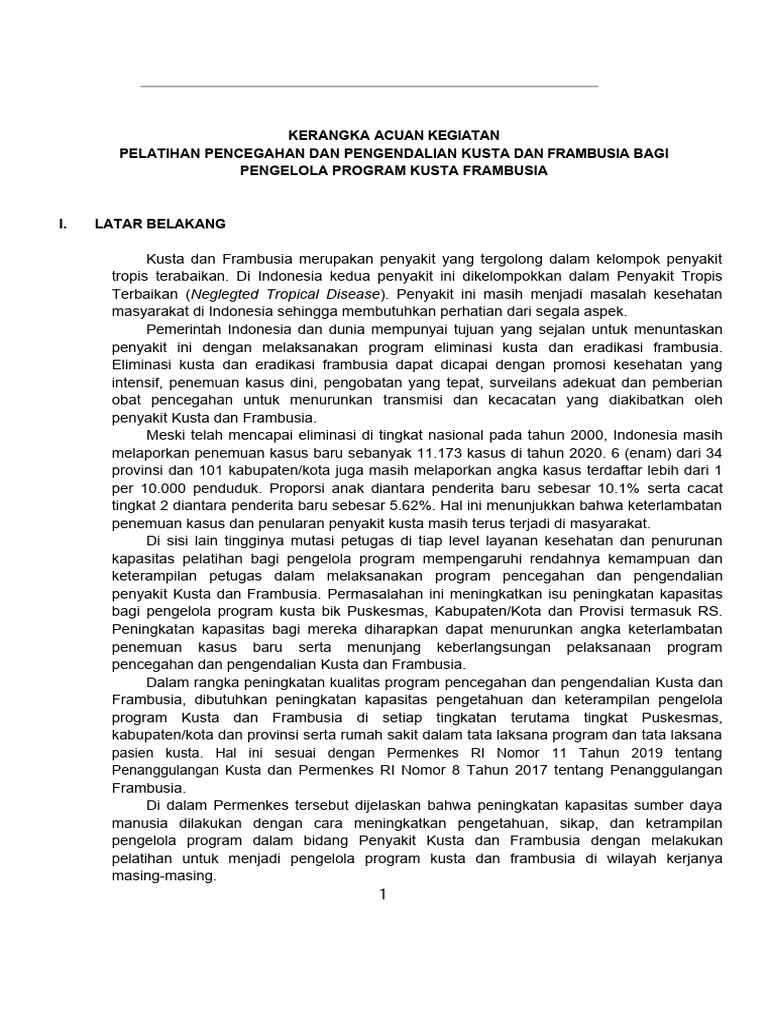 Draft TOR Pelatihan Kusta Frambusia Tahun 2024 (Apen Punya) | PDF