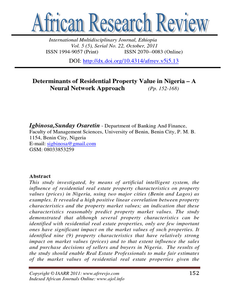 Determinants Of Resdiential Property Price In Nigeria An Ann Approach Pdf Real Estate