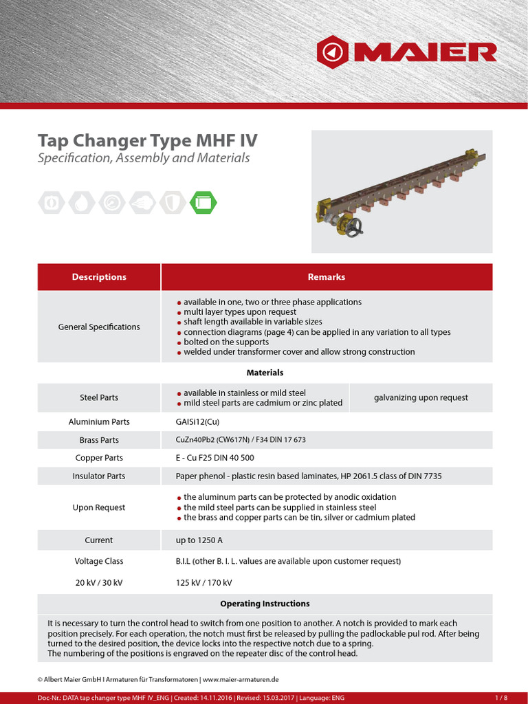 DATA Tap Changer MHF IV - ENG | PDF | Transformer | Electrical Equipment