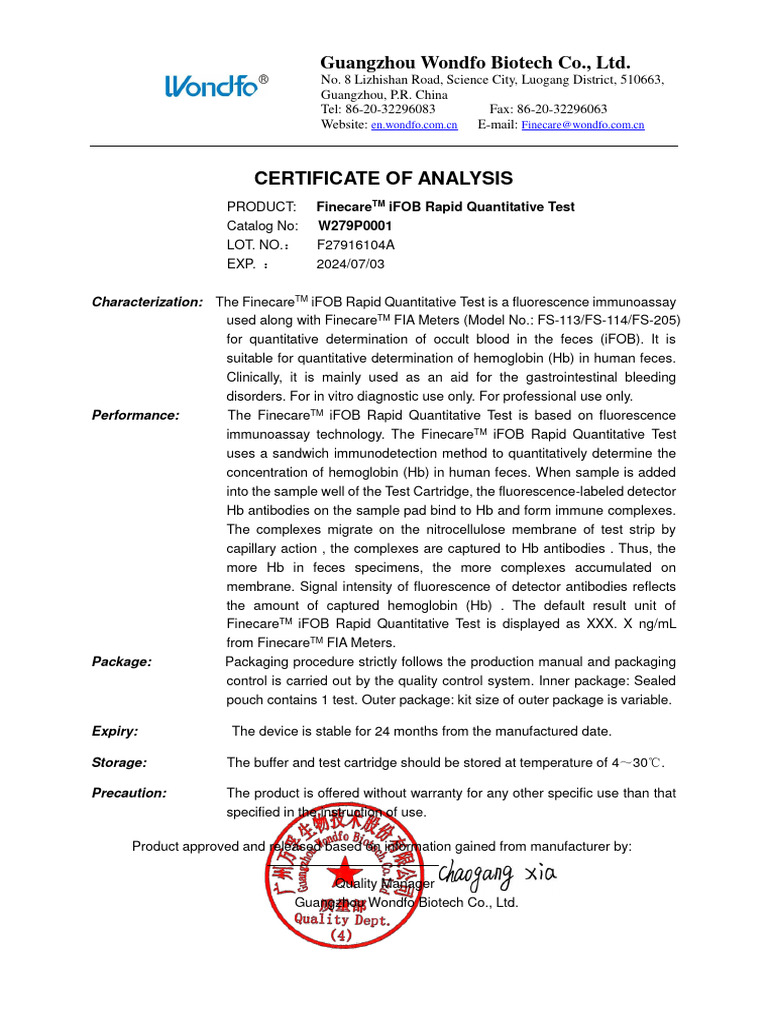 Finecare iFOB Test Certificate of Analysis | PDF | Hemoglobin | Immunoassay