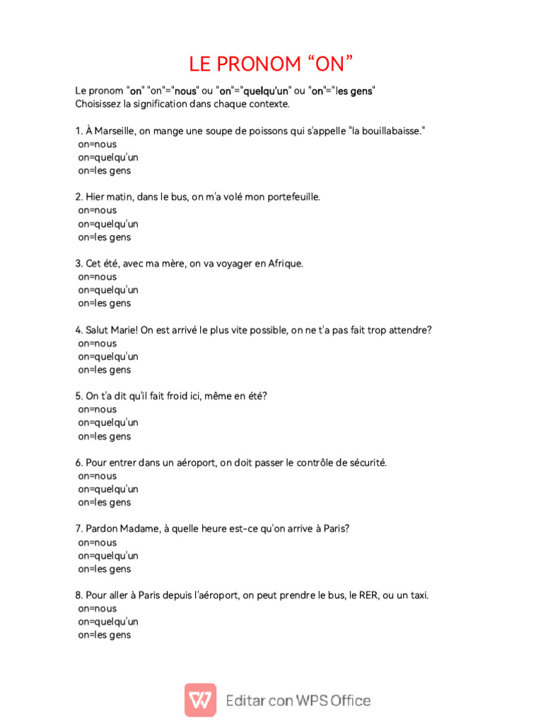 Le Pronom ON EXERCICES | PDF