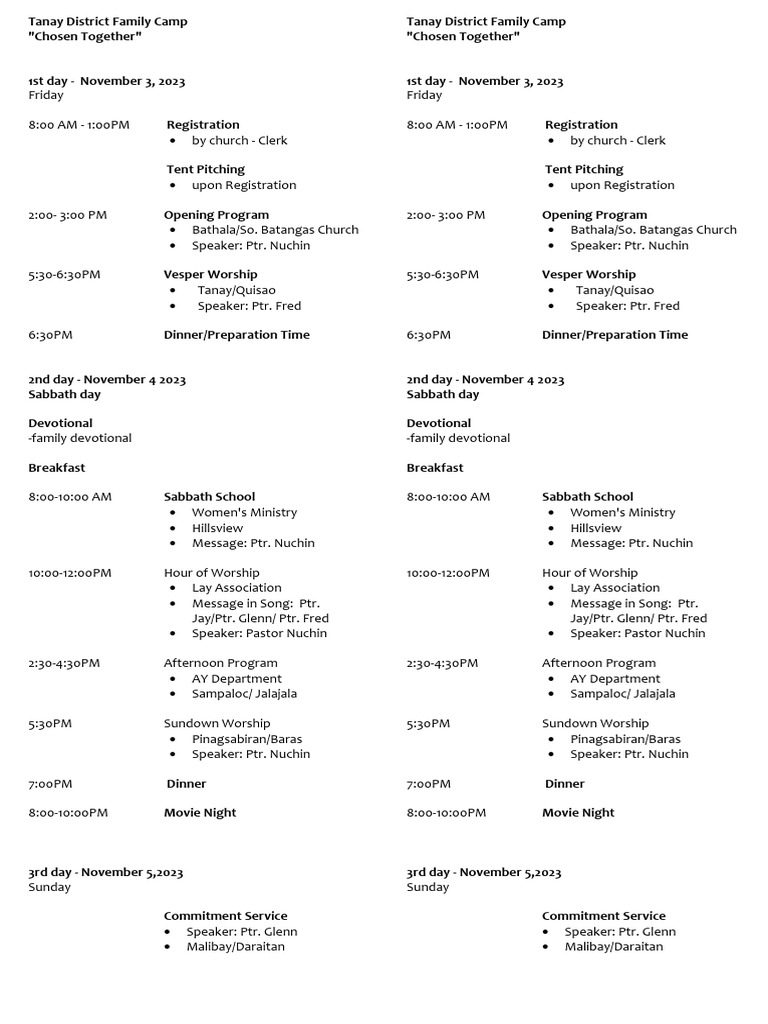 Tanay District Family Camp | PDF | Working Time | Sabbath