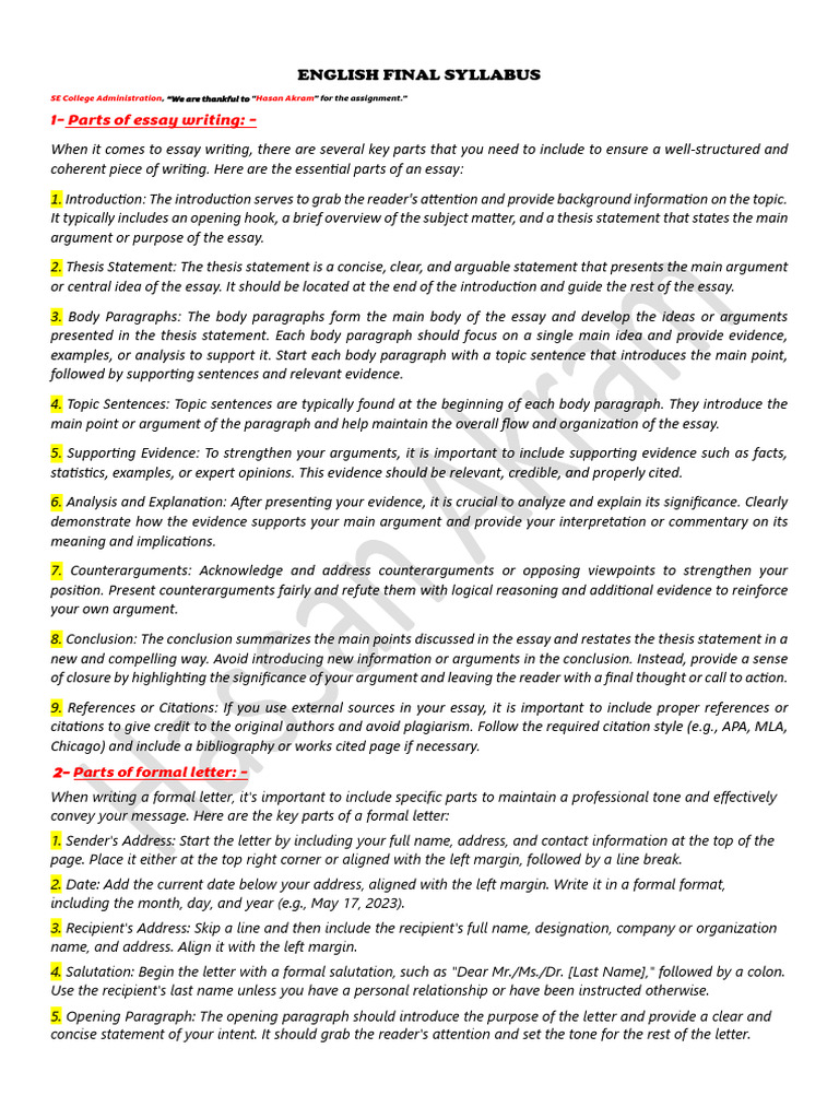 English Final Syllabus: 1-Parts of Essay Writing | PDF | Essays | Rhetoric